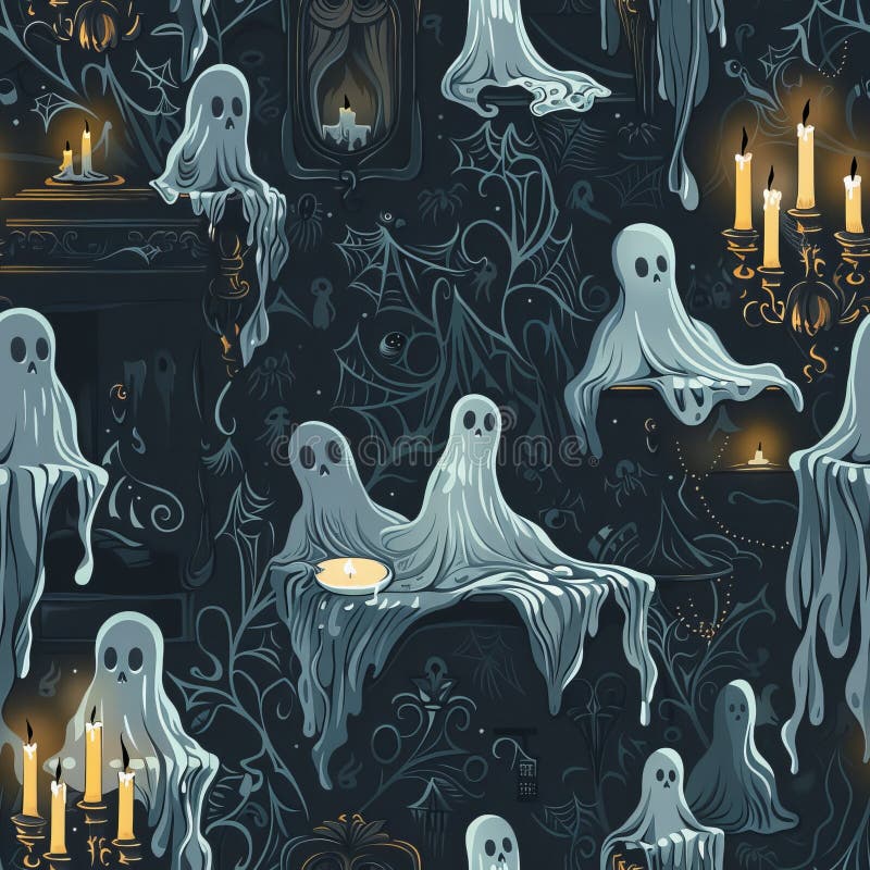 Halloween Ghostly Gathering in a Spooky Haunted House. Seamless Pattern ...