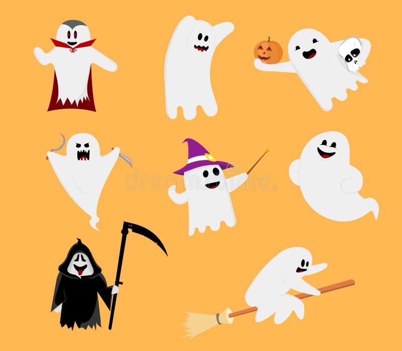 Halloween Ghosts Color Boo Characters in Vector Illustration Stock ...