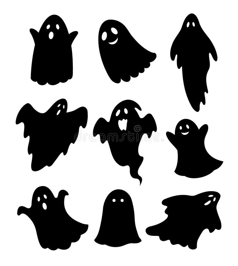 Halloween Ghosts Hand Drawn Cartoon Set Ghosts Silhouettes Flying On