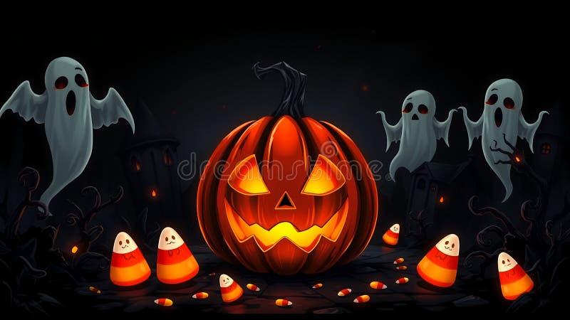 Halloween Ghosts and Pumpkins in a Spooky Night Stock Illustration ...