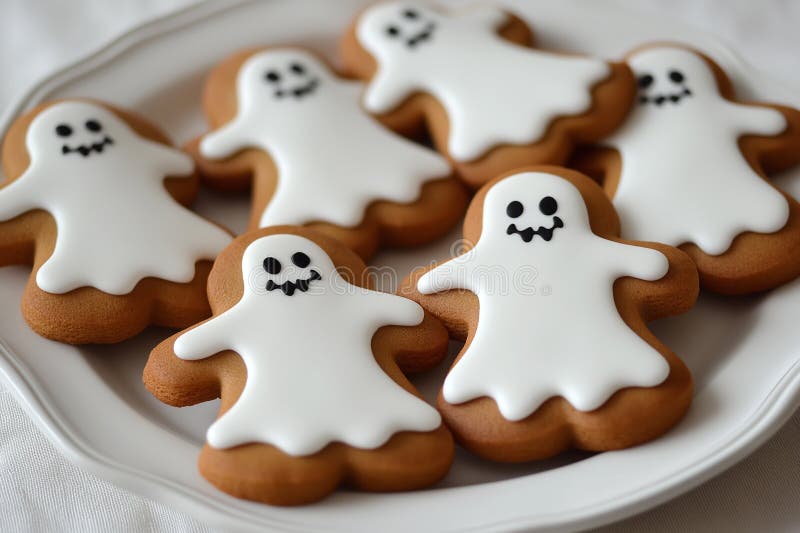 Halloween Gingerbread Cookies Shaped As Ghosts with White Icing on ...