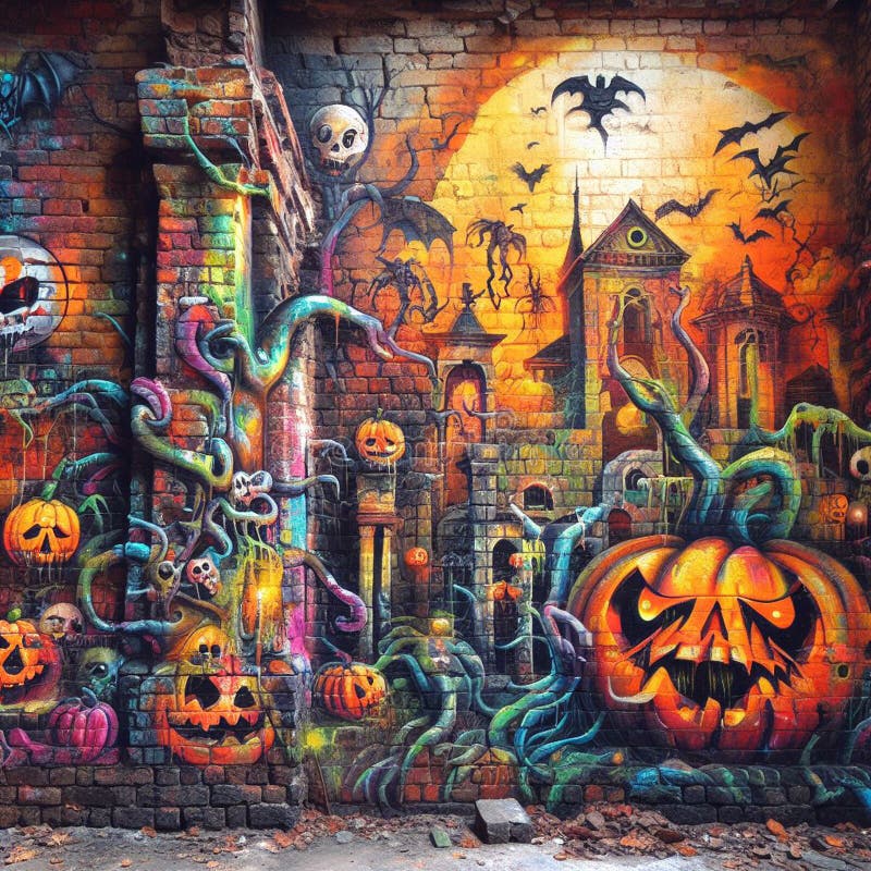 Halloween Graffiti Art on Bricks Wall Stock Illustration - Illustration ...