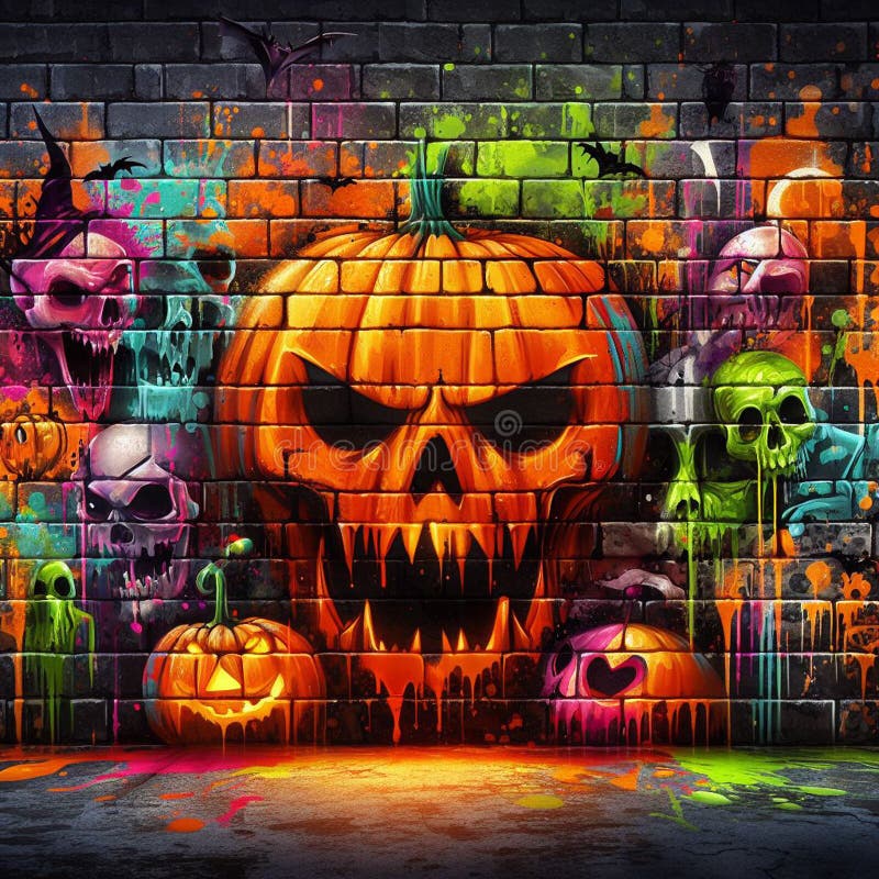 Halloween Graffiti Art on Bricks Wall Stock Illustration - Illustration ...