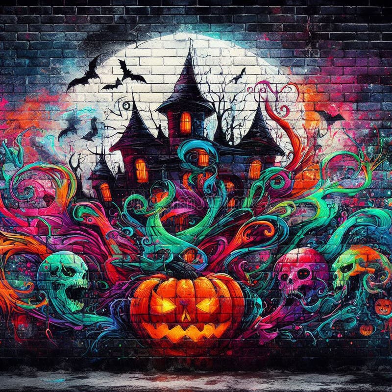 Halloween Graffiti Art on Bricks Wall Stock Illustration - Illustration ...