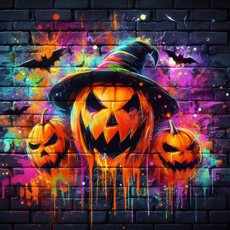 Halloween Graffiti Painting on Rough Bricks Wall Stock Illustration ...