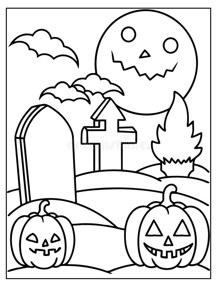 Halloween Graveyard Coloring Page for Kids Stock Vector - Illustration ...