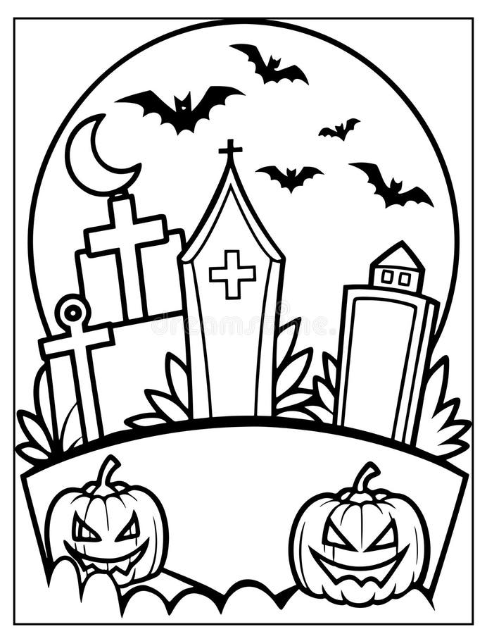 Halloween Graveyard Coloring Page for Kids Stock Vector - Illustration ...