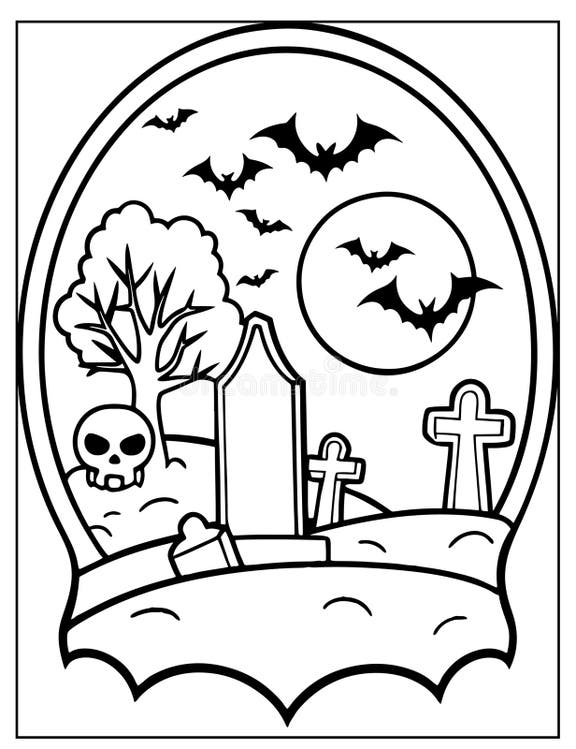 Halloween Graveyard Coloring Page for Kids Stock Vector - Illustration ...