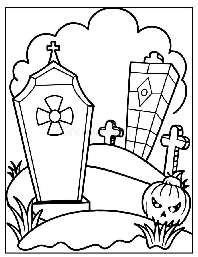 Halloween Graveyard Coloring Page for Kids Stock Vector - Illustration ...