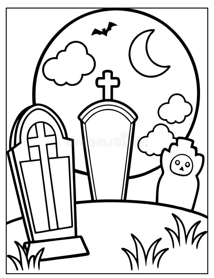 Halloween Graveyard Coloring Page for Kids Stock Vector - Illustration ...