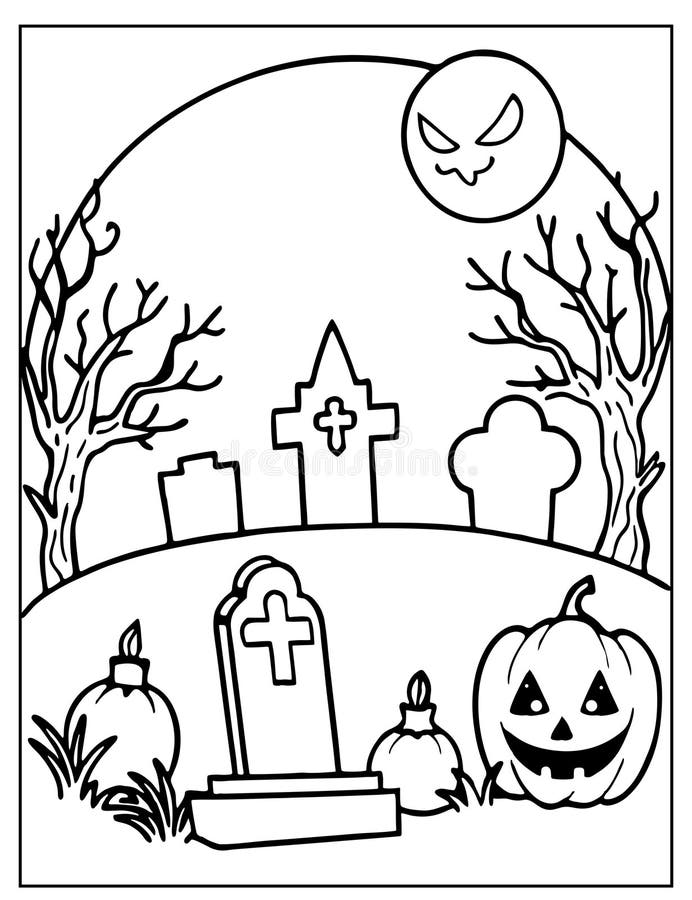 Halloween Graveyard Coloring Page for Kids Stock Vector - Illustration ...