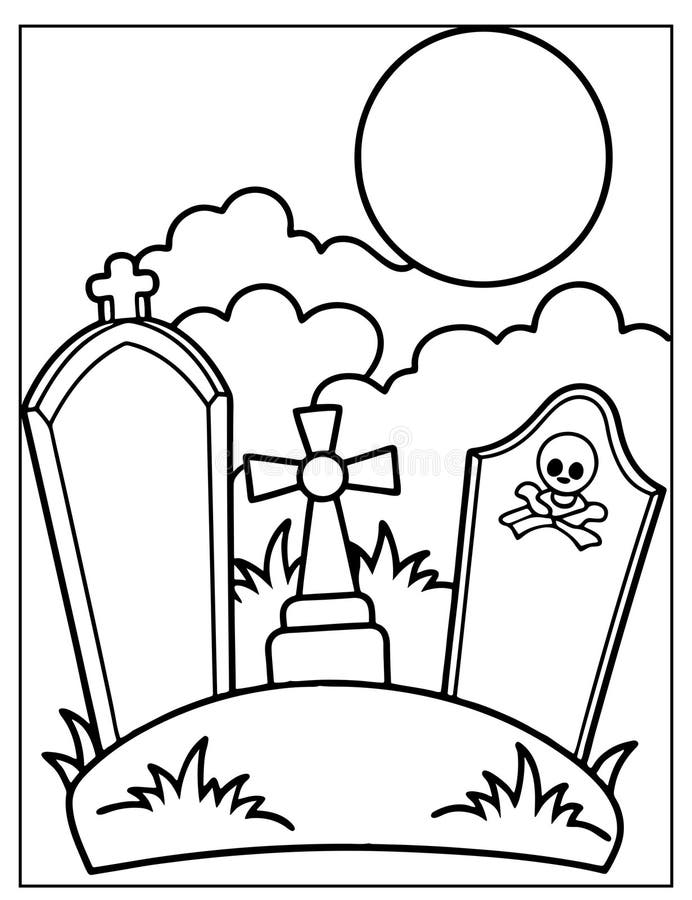 Halloween Graveyard Coloring Page for Kids Stock Vector - Illustration ...