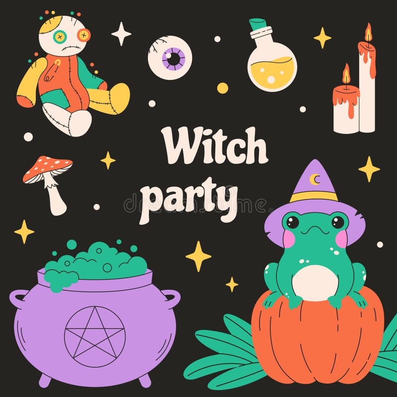 Halloween Greeting Card with Toad, Voodoo Doll, Cauldron with Potion ...