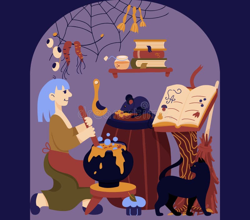 Halloween Hand Drawn Illustration with Witch and Bubbling Cauldron, the ...