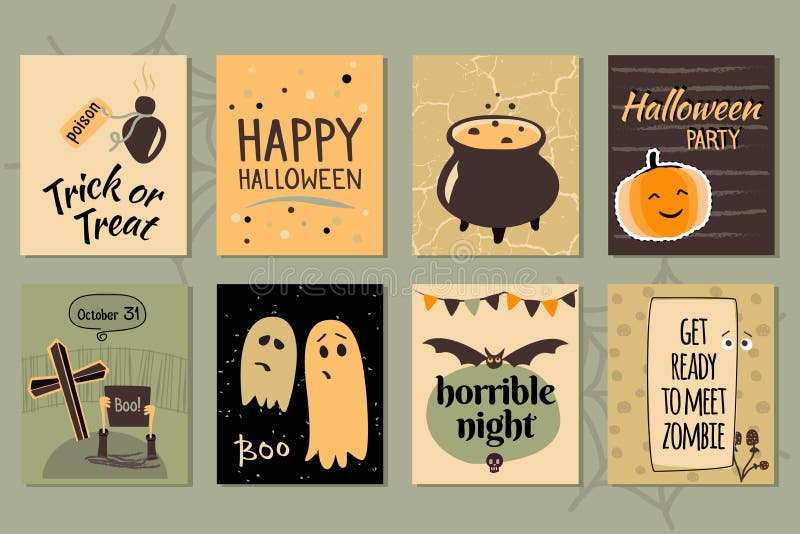 Halloween Hand Drawn Set of Cards. Vector Illustration. Stock Vector ...