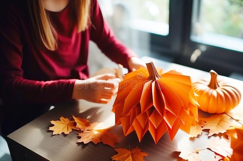 Halloween Handicraft: Kid Making an Orange Paper Jack-o-lantern Stock ...