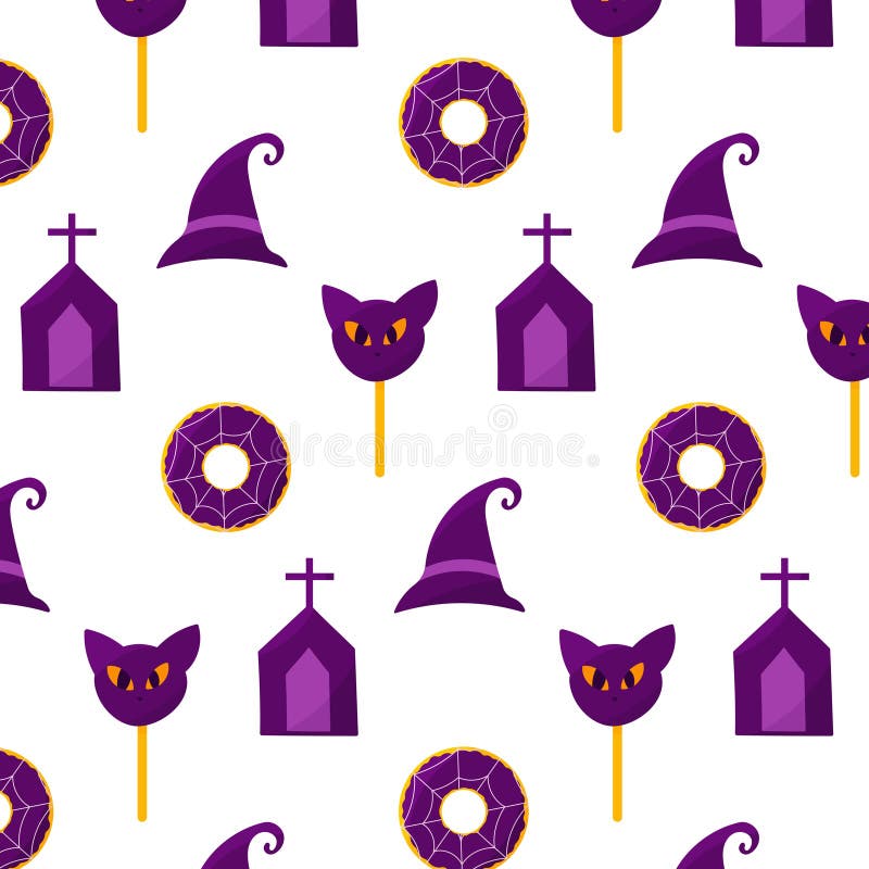 Halloween Hat Witch Cat Donut Tomb Pattern Stock Vector - Illustration ...
