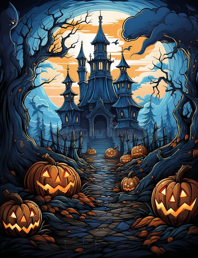 Halloween Haunted House Scene Stock Illustration - Illustration of ...