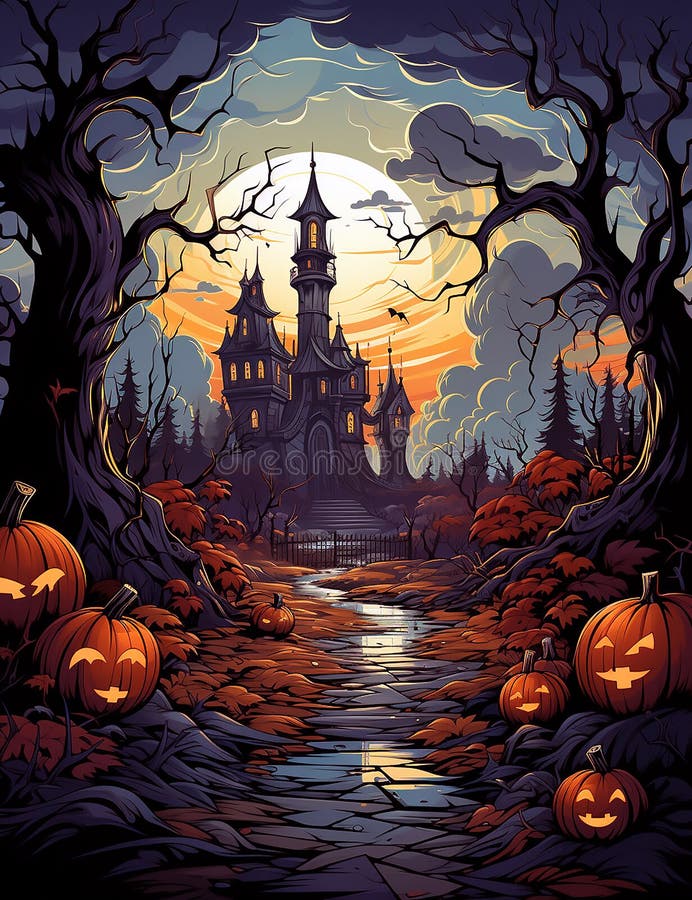 Halloween Haunted House Scene Stock Illustration - Illustration of ...