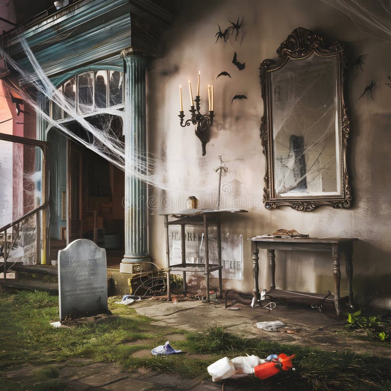 Horror Background with Haunted House Mansion Yard Front Side with a ...