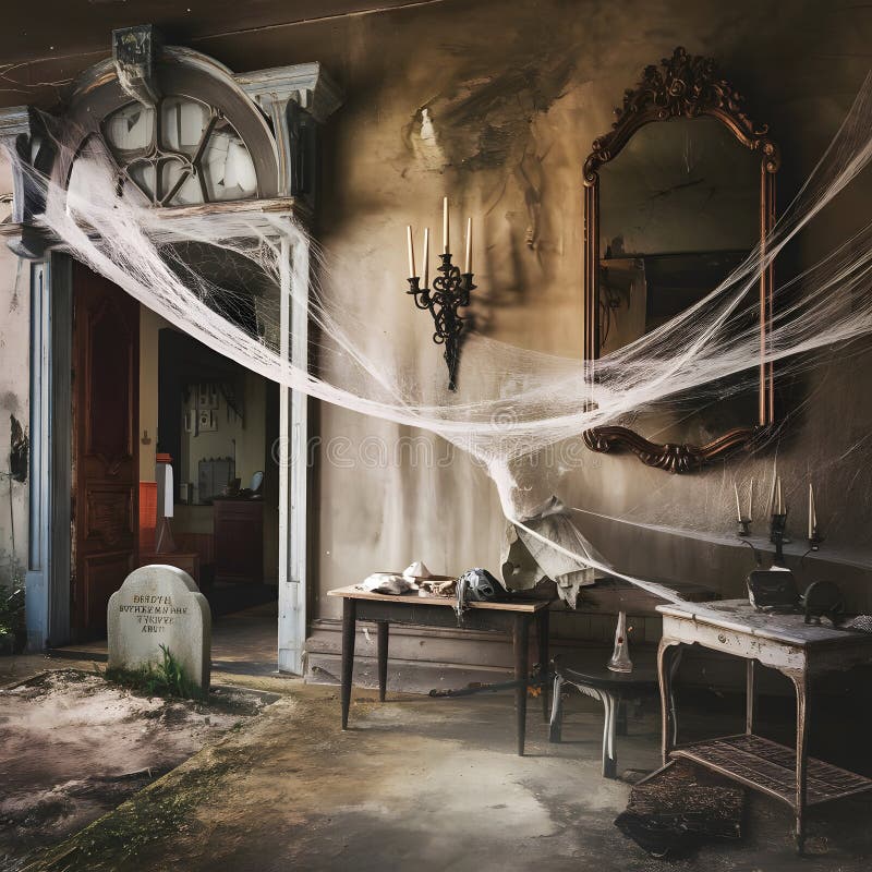 Horror Haunted House Mansion Yard Front Side with a Grave Dusty Cobweb Mirror Chair Table Candle ...