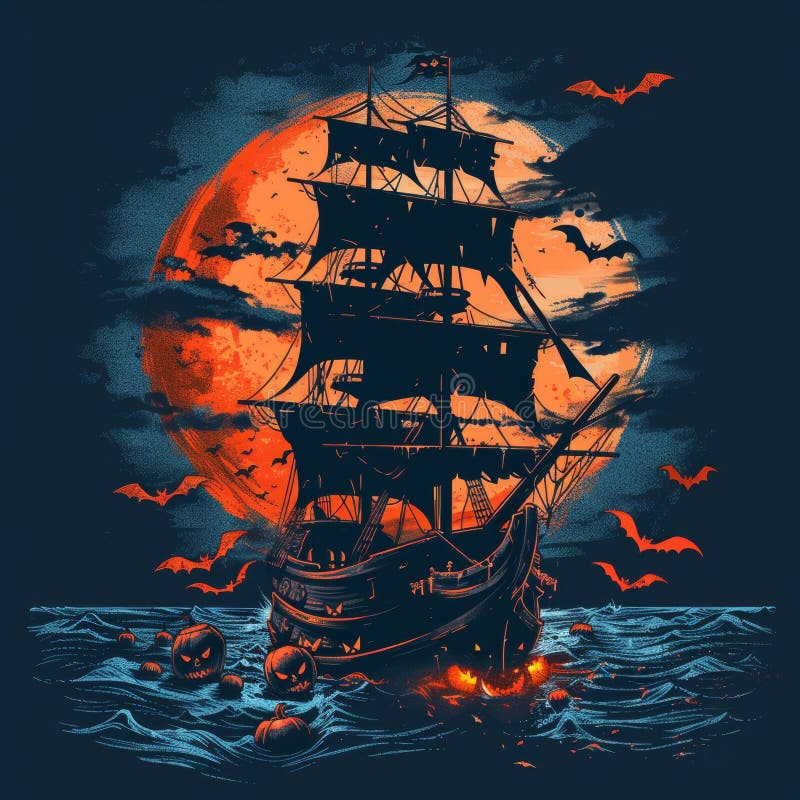 Halloween Haunted Ship on the Sea Design Stock Illustration ...