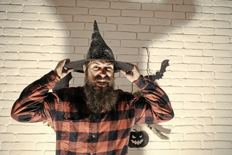 Halloween Hipster with Beard on Evil Face and Witch Hat Stock Image ...
