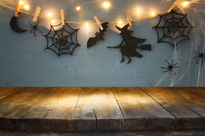 Halloween Holiday Background with Empty Rustic Table. Ready for Product ...
