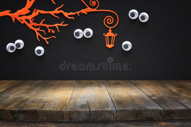 Halloween Holiday Concept. Empty Rustic Table in Front of Haunted ...