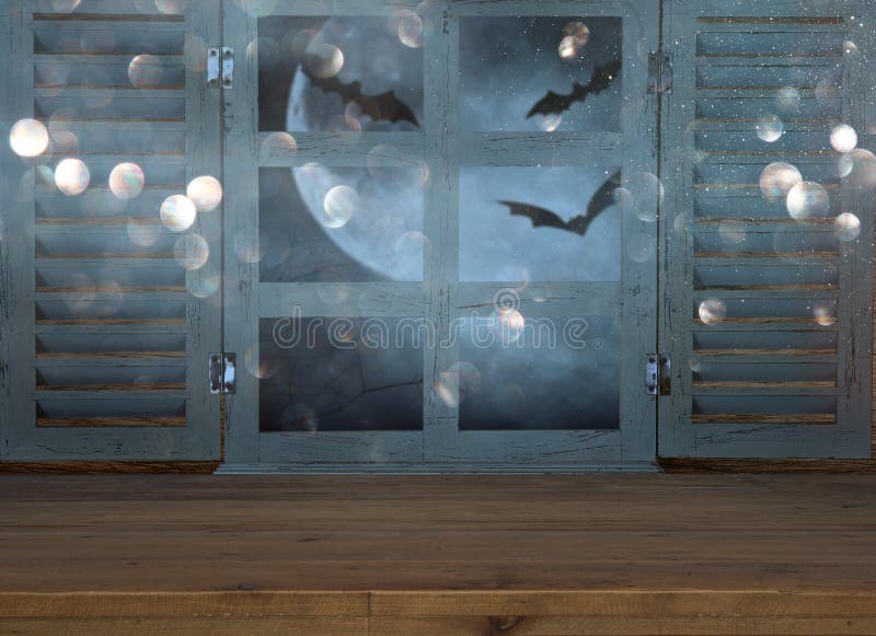 Halloween Holiday Concept. Empty Rustic Table in Front of Haunted Night ...