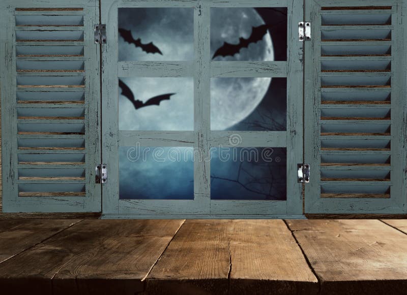 Halloween Holiday Concept. Empty Rustic Table in Front of Haunted Night ...