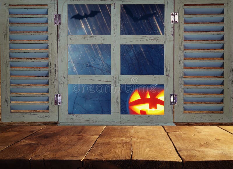 Halloween Holiday Concept. Empty Rustic Table in Front of Haunted Night ...