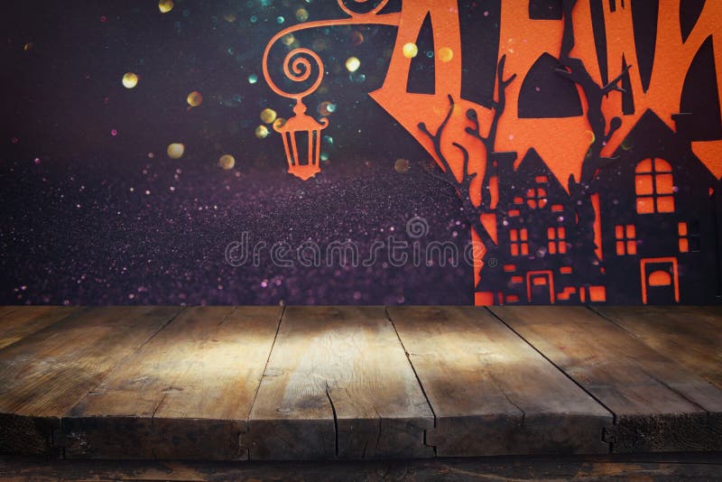 Halloween Holiday Concept. Empty Rustic Table in Front of Haunted Witch ...