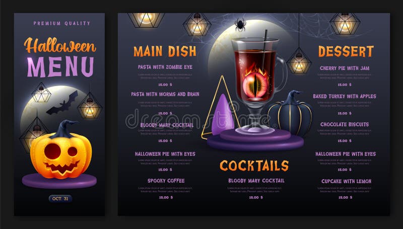 Halloween Holiday Menu Design with Realistic 3D Halloween Pumpkins and ...