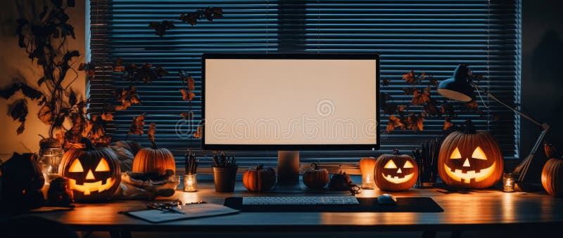 Halloween Home Office Interior with a PC Computer Mockup and Decor ...