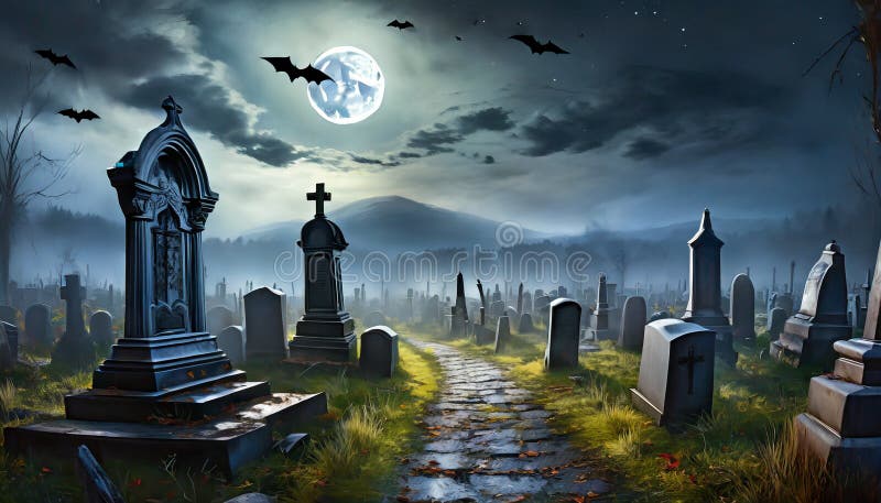Halloween Horror Background with Graveyard and Bat Stock Illustration ...
