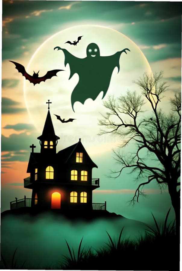 Halloween House with Boo, Witch Flying Silhouette Stock Illustration ...