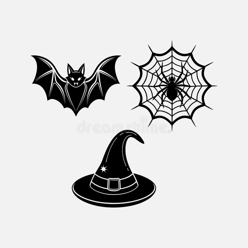 Halloween Icons Set Bat, Spiderweb, and Witch Hat. Stock Vector ...
