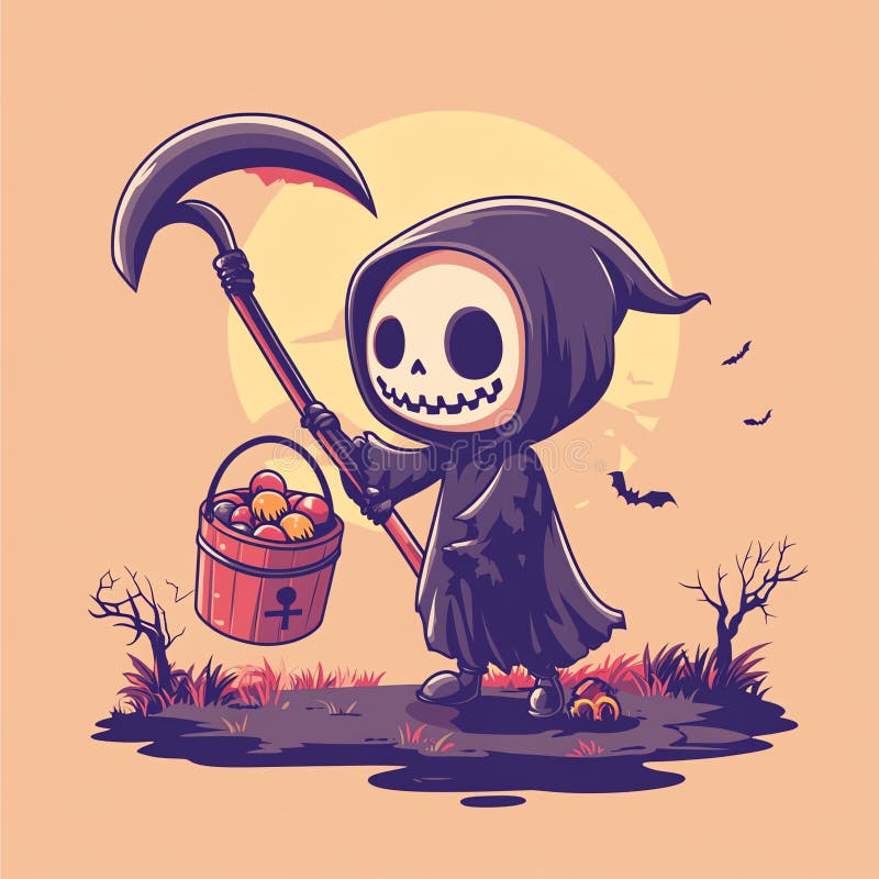 Halloween Illustration of Cartoon Vector of Grim Reaper Holding Sickle ...