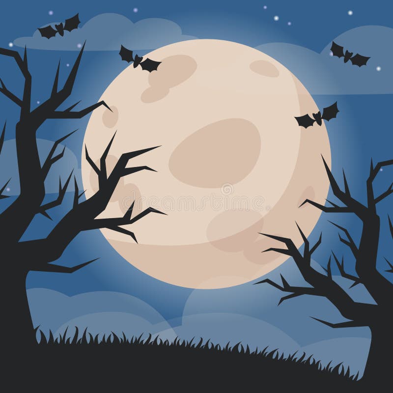 Halloween Illustration of Scary Night Landscape with Full Moon Stock ...