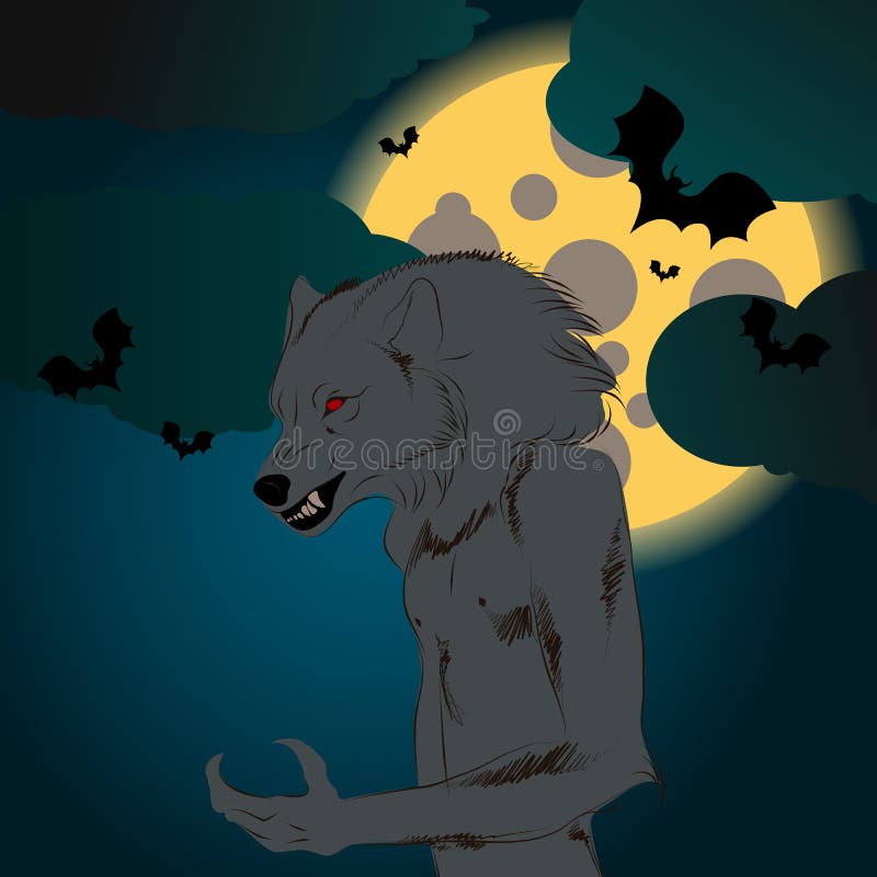 Halloween Illustration with Werewolf and Full Moon Stock Vector ...
