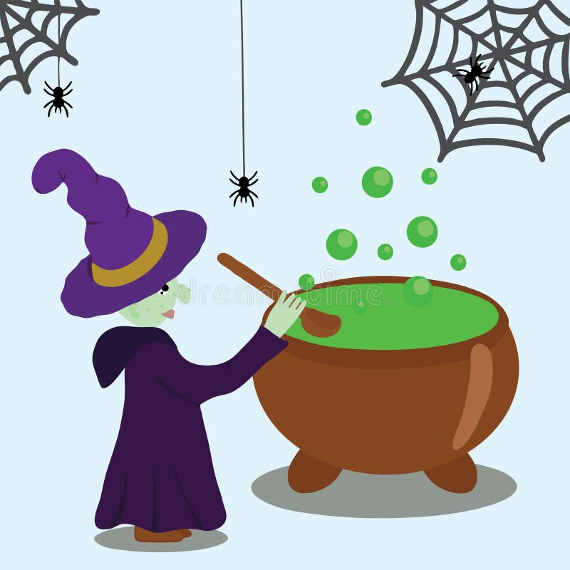 Halloween Illustration with Witch, Boiler, Spiders and Web, Vector ...