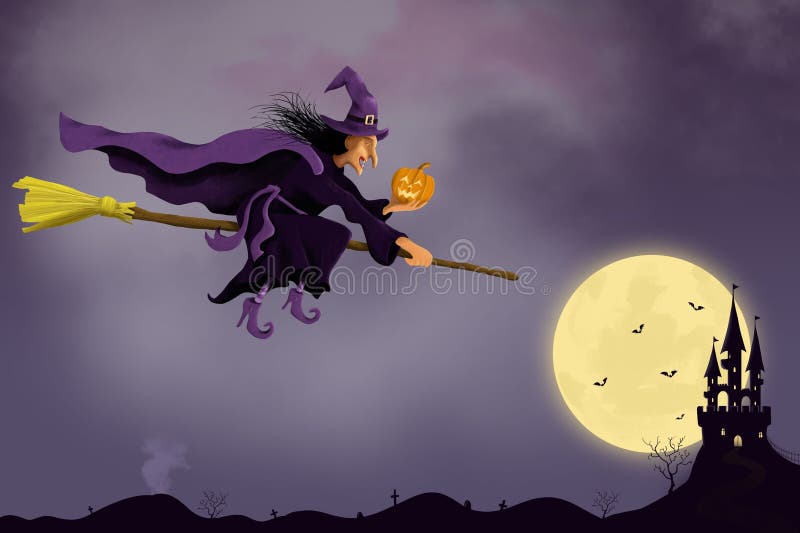 Halloween Illustration of a Witch Flying Over the Castle in the Night ...