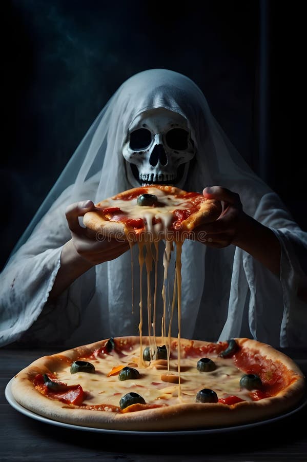 Halloween Image of Ghost Eating Pizza in Dark Room Stock Illustration ...