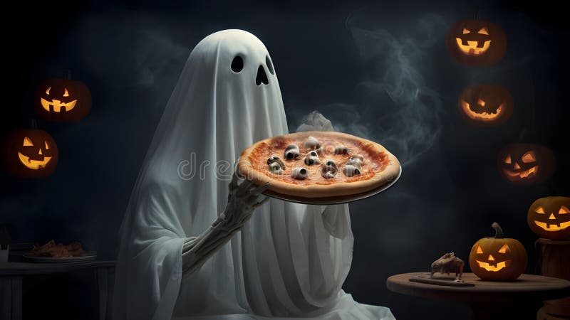 Halloween Image of Ghost Eating Pizza in Dark Room Stock Illustration ...