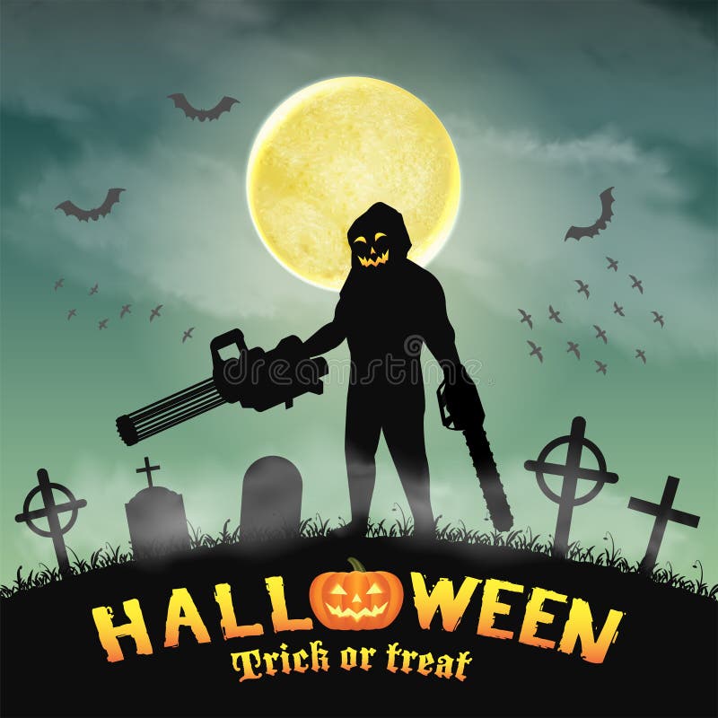 Halloween Killer with Gatling Gun and Chainsaw Stock Vector ...