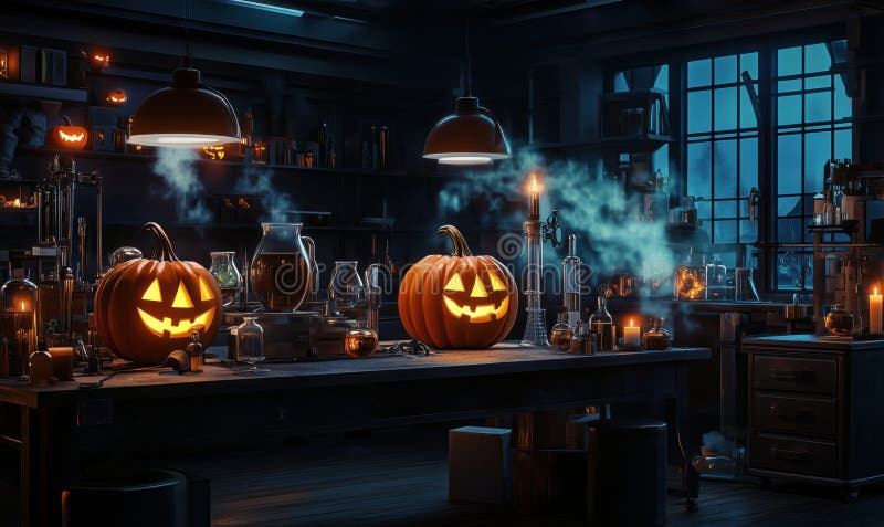 Halloween Laboratory with Glowing Jack-o -lanterns and Eerie Atmosphere ...