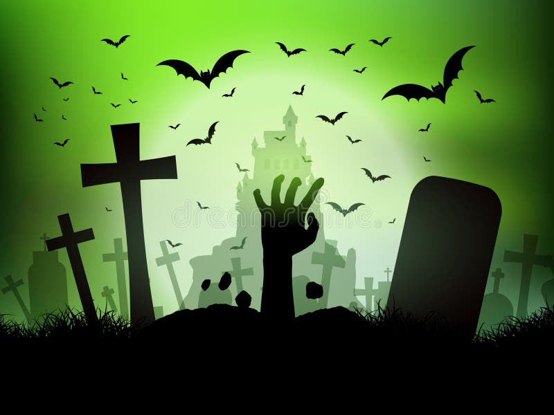 Halloween Landscape with Zombie Hand in Graveyard Stock Illustration ...