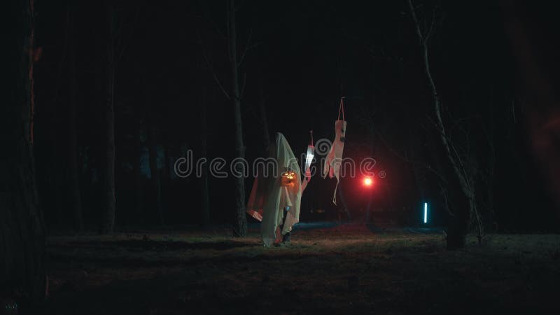 Ghost Walk in Night Forest for Halloween with Pumpkin Stock Footage ...