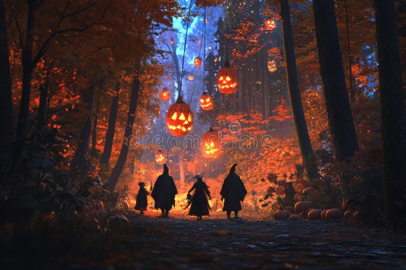 Halloween Magic Forest with Glowing Pumpkin Heads, Neural Network ...
